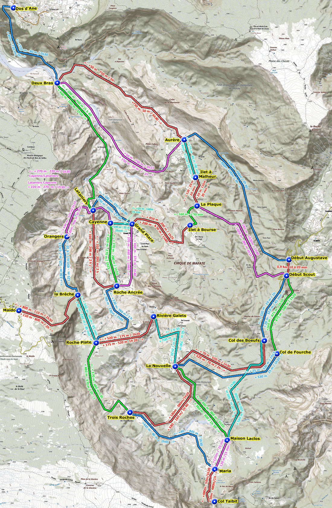 Quelques distances et temps entre les îlets des 3 cirques — Randopitons